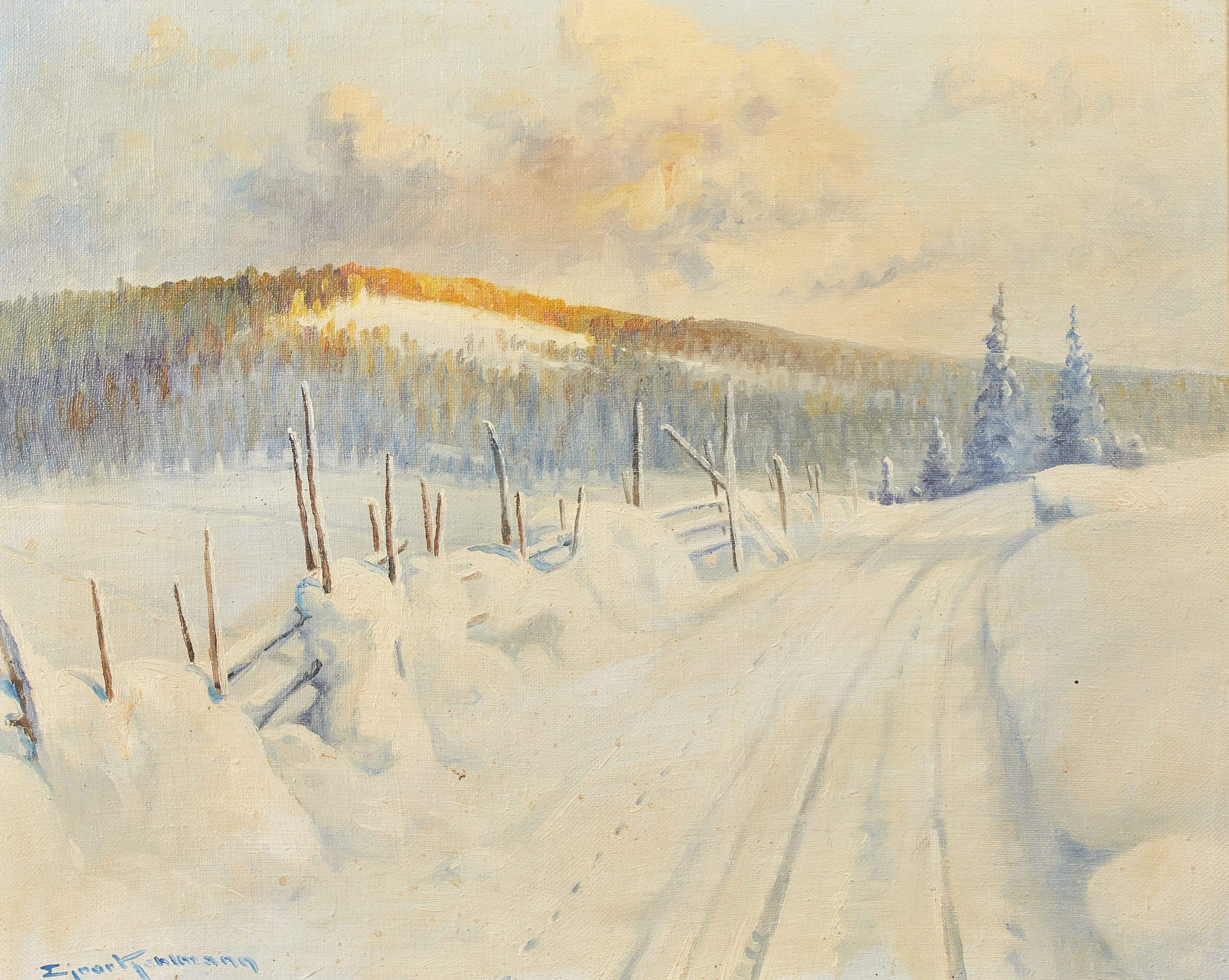 Oljemålning, Ejnar Kohlmann (1888-1968), Finland. Vinterlandskap, 36x44 ...