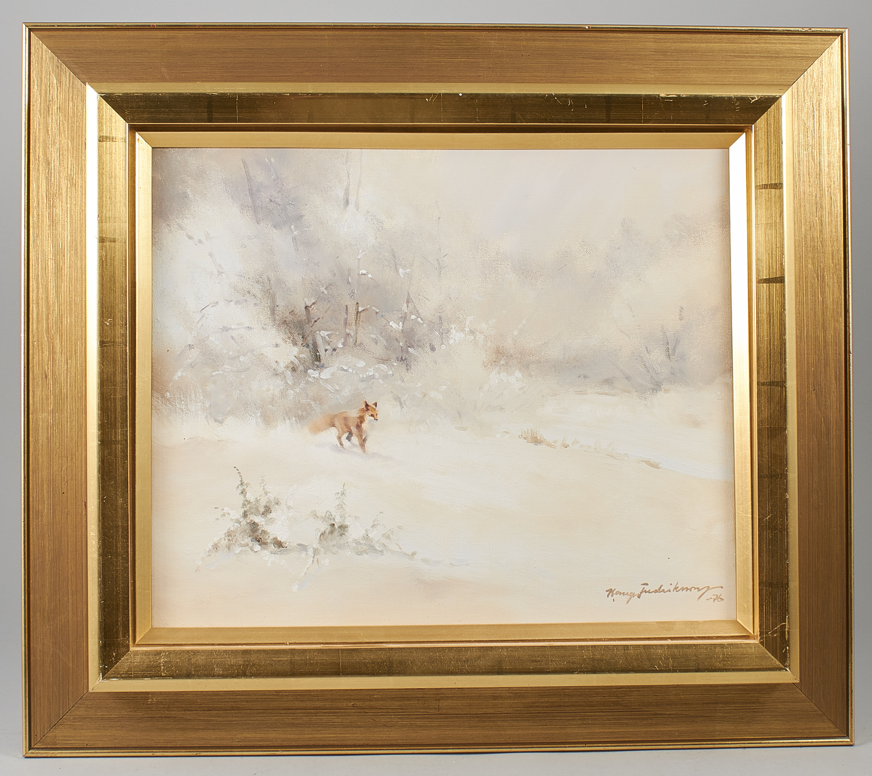 Oljemålning, Henry Fredriksson, -76, Räv i vinterlandskap, 37x45 ...