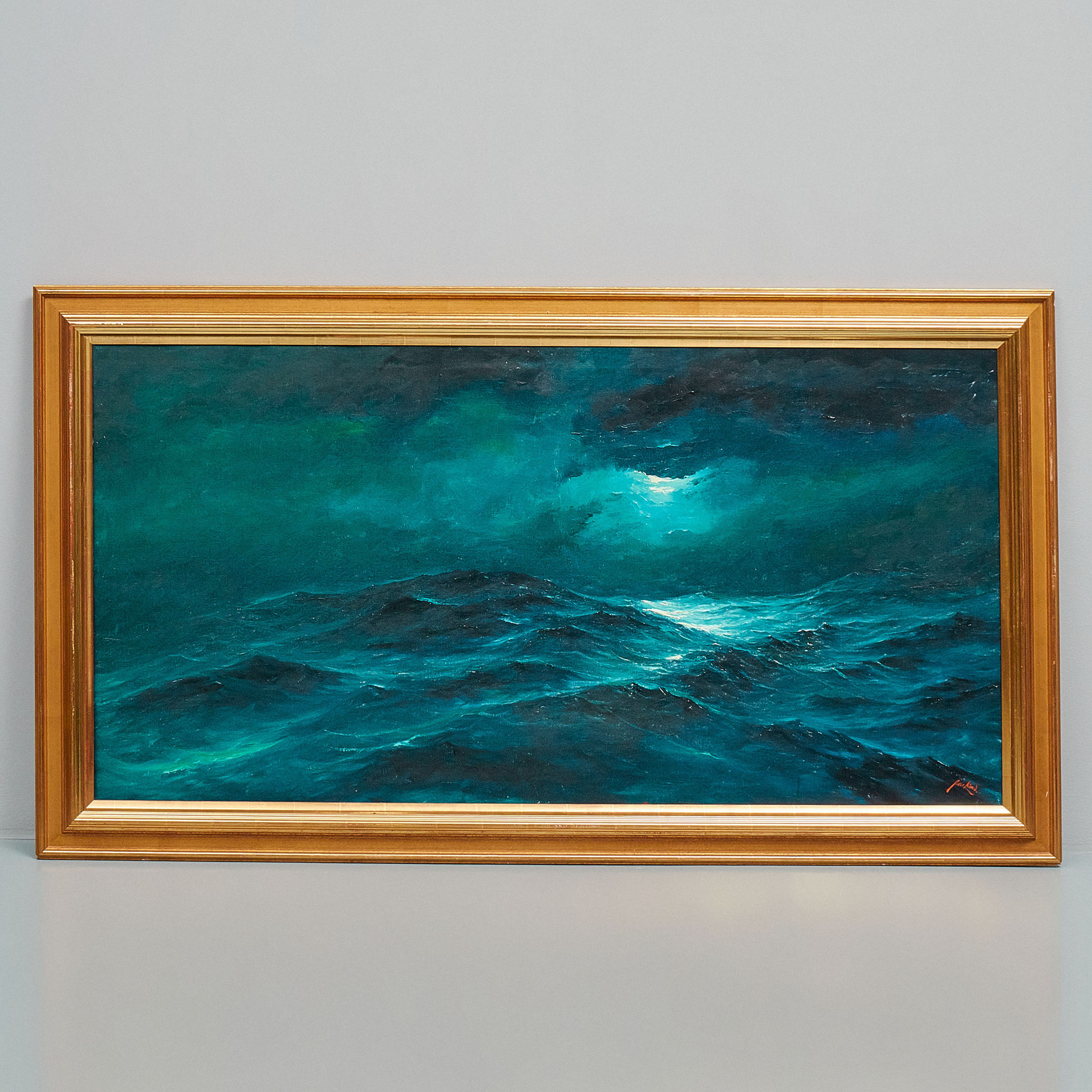 Oljemålning, Axel Lind (1907-2011), hav i månljus, signerad, 80x160 ...