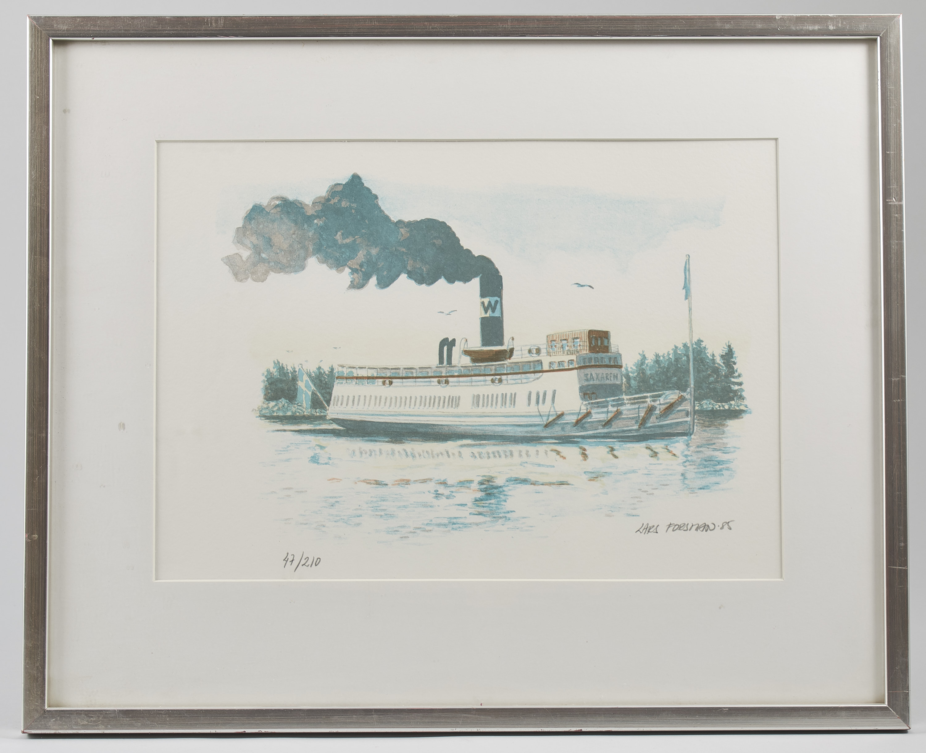 Färglitografi, Lars Forsman, Waxholmsbåt. Signerad, daterad 1985 ...