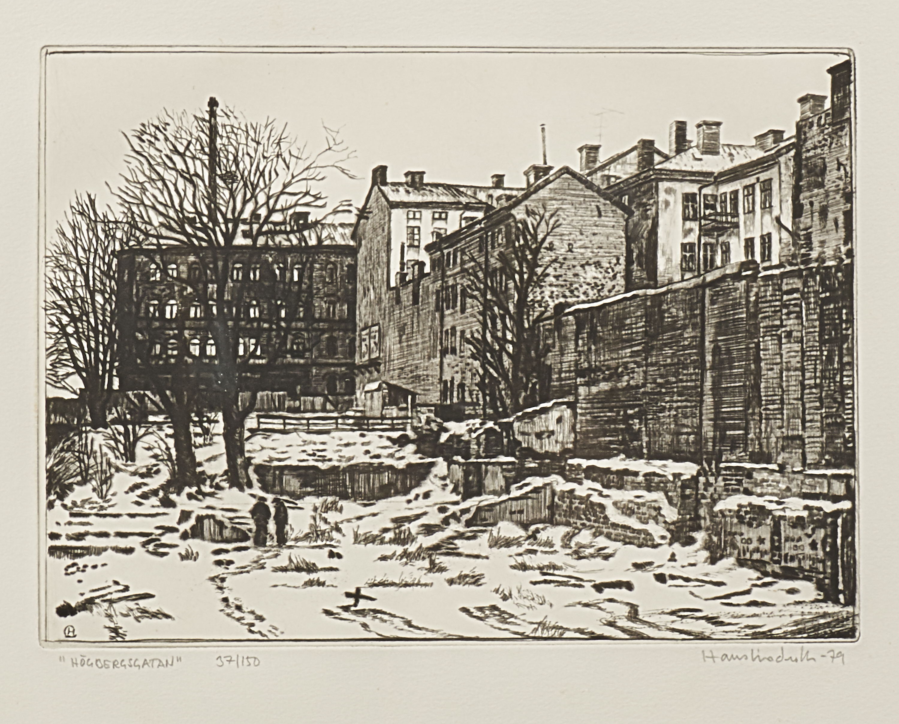 Etsning, Hasse Lindroth (f. 1938), 1979, 37/150, Högbergsgatan, motivet ...