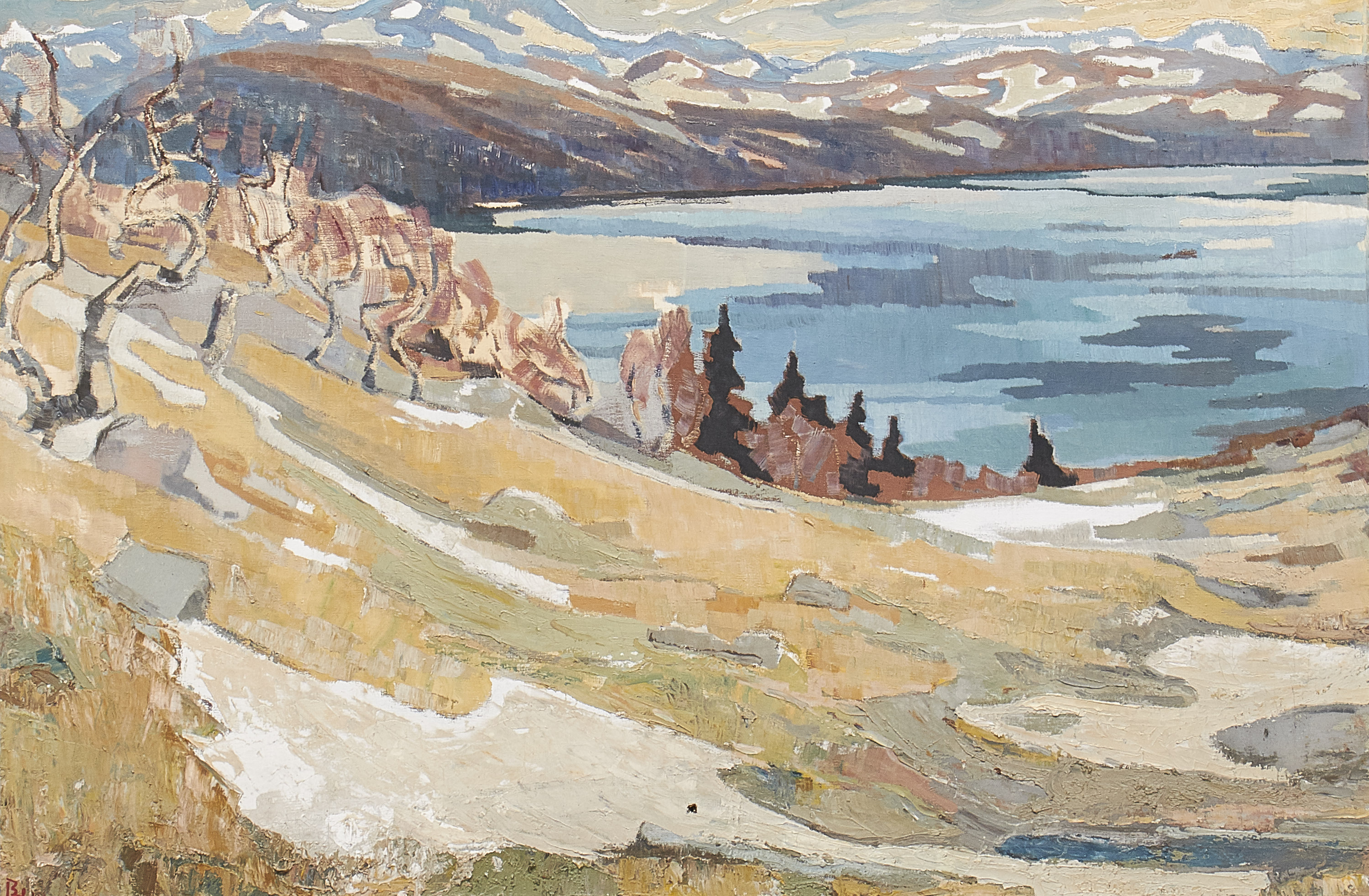 Oljemålning, Birger Halling (1907-1996), Sverige. "Norrlandsvår 1941 ...