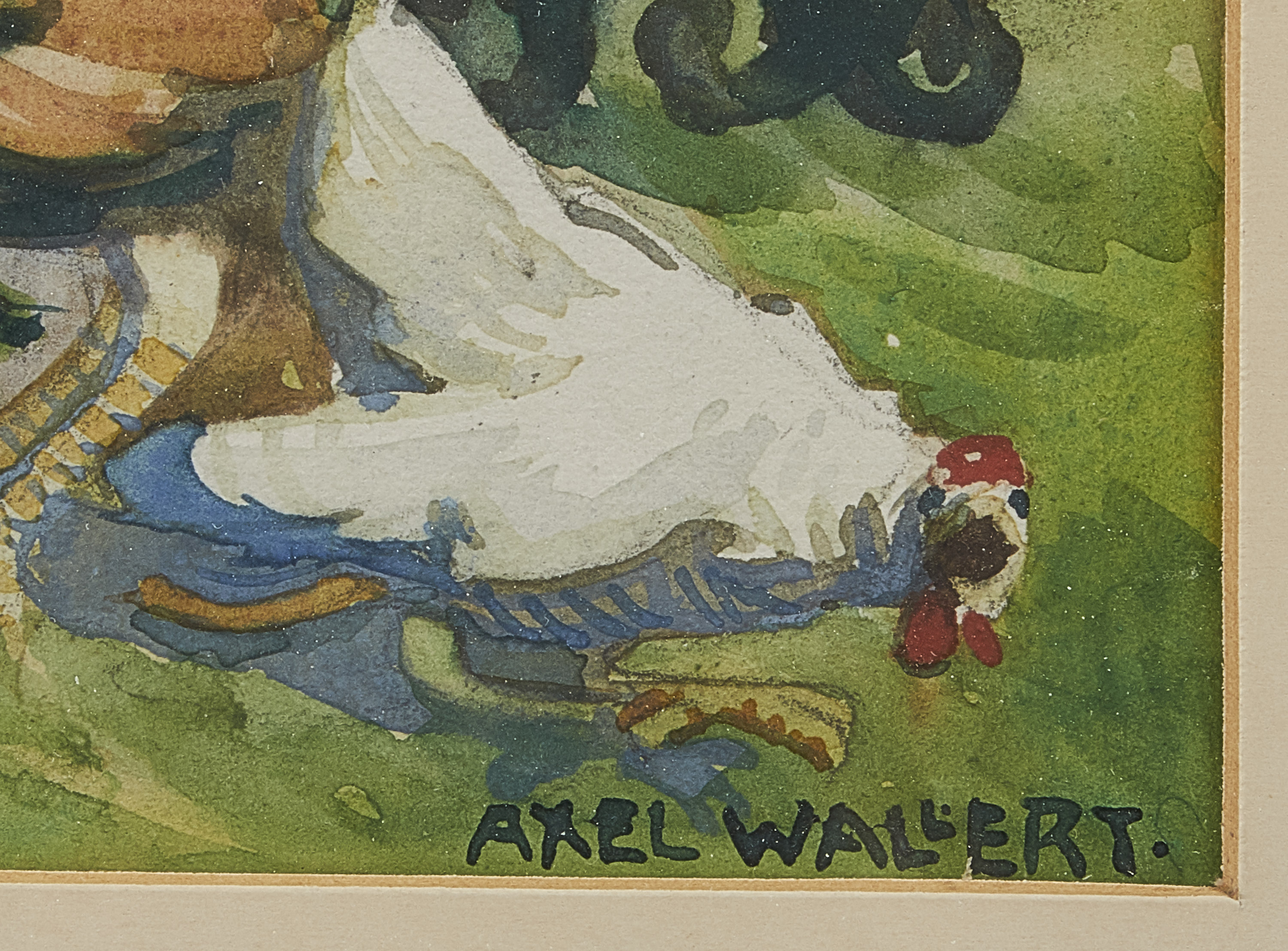 Akvarell, Axel Wallert (1890-1962), Sverige. Flicka och tupp, 13x20 cm ...