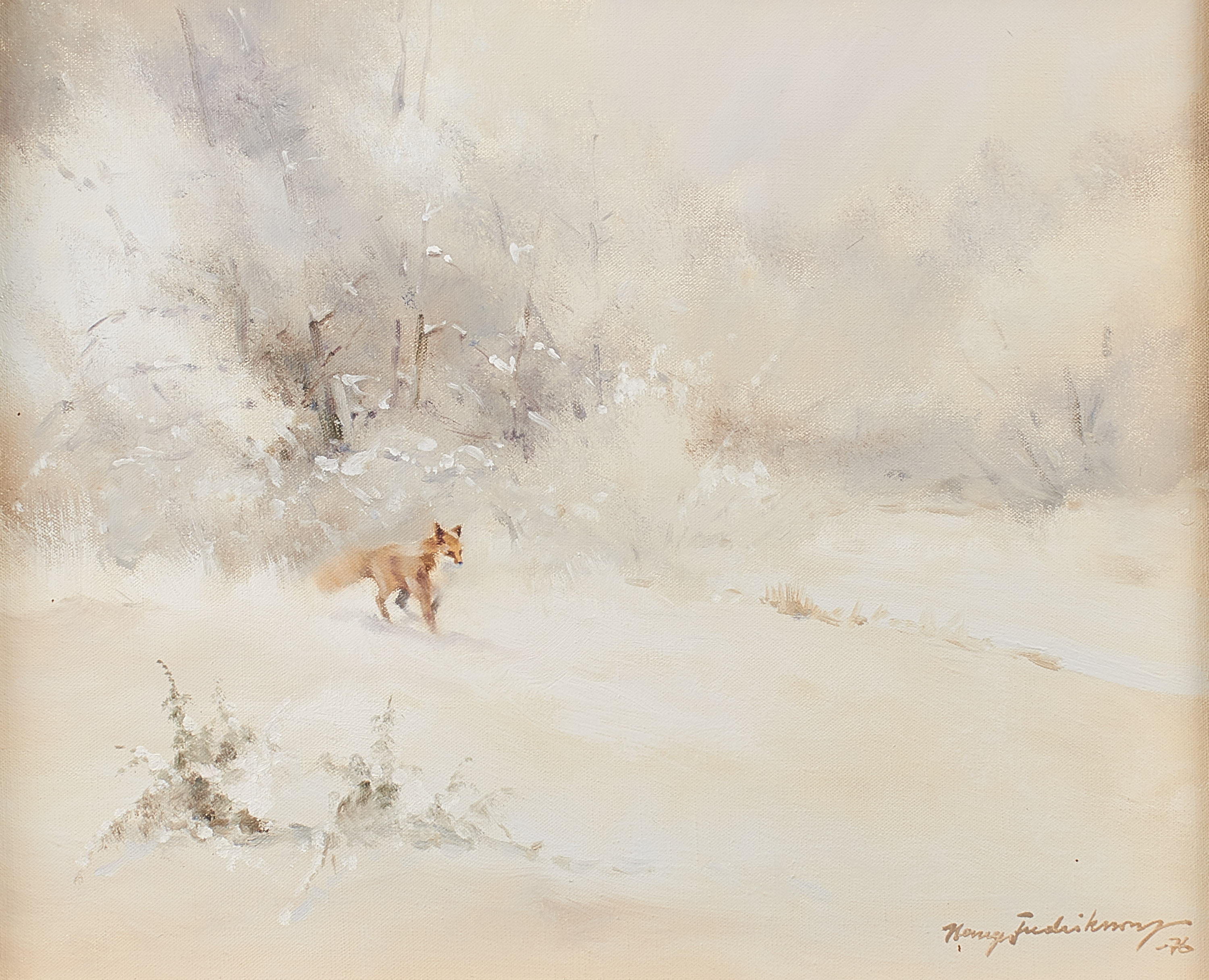 Oljemålning, Henry Fredriksson, -76, Räv i vinterlandskap, 37x45 ...