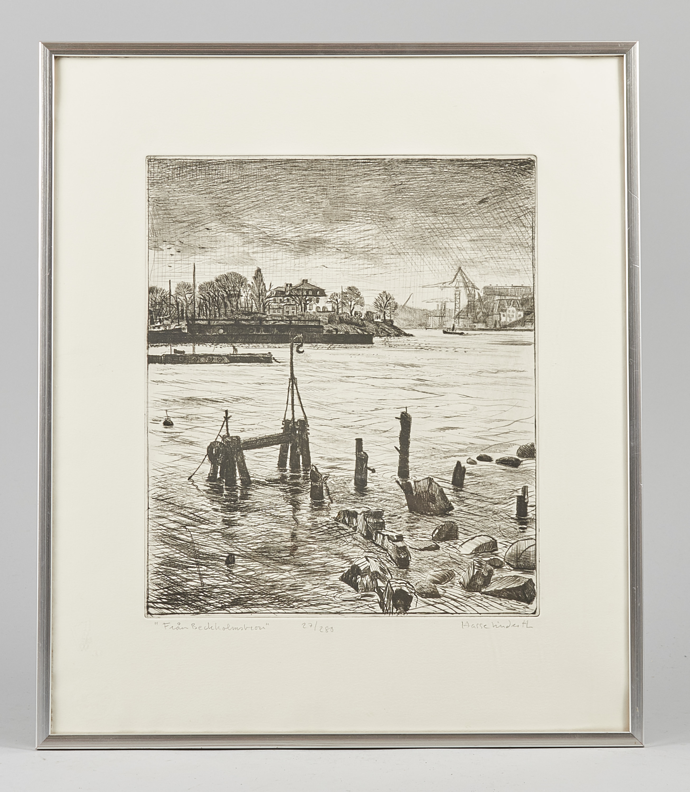 Etsning, Hasse Lindroth (f. 1938), 'Från Beckholmsbron', 27/280 ...