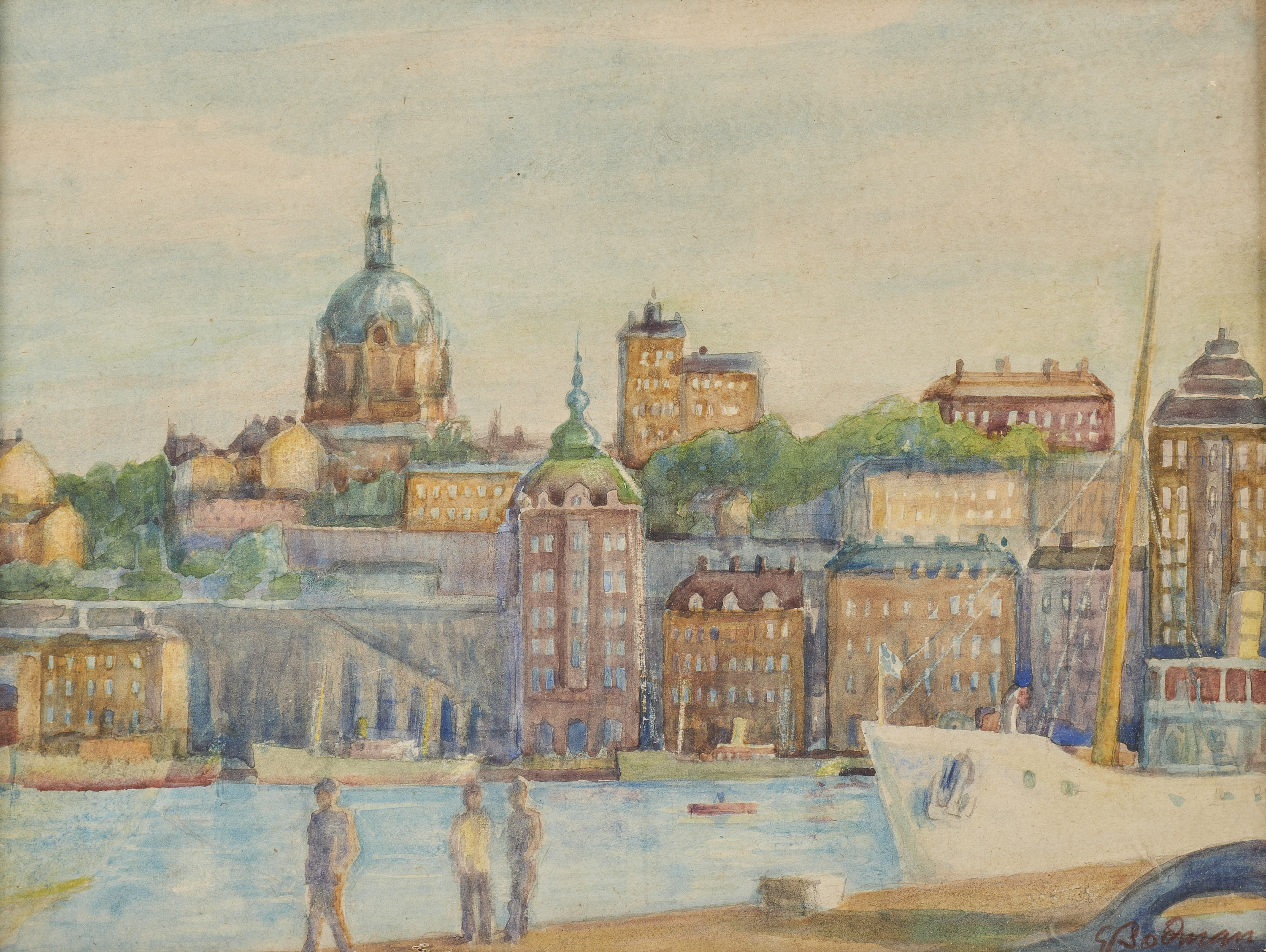 Akvarell, Signe Bohman (1885-1987), Sverige. Utsikt mot Södermalm ...