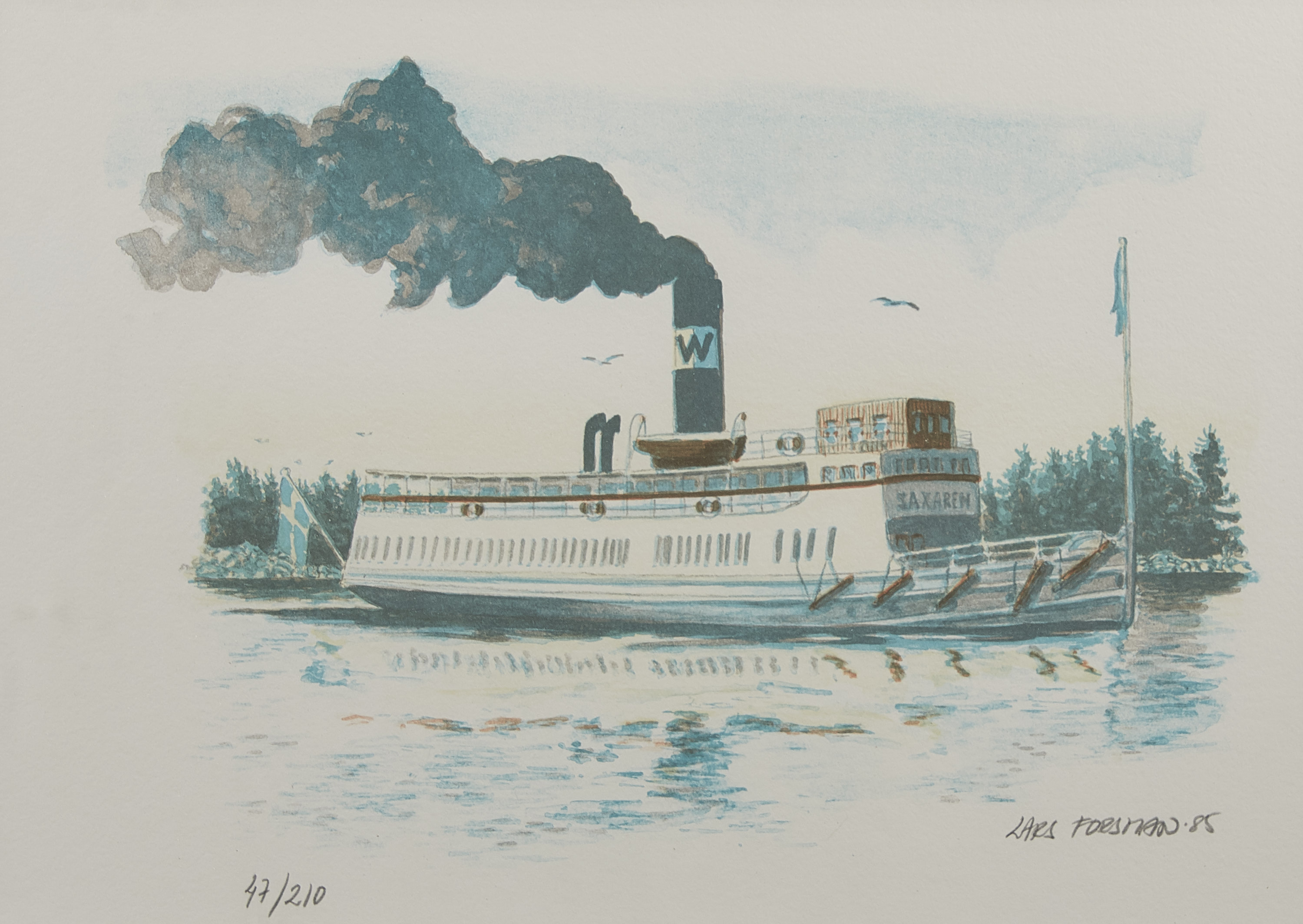 Färglitografi, Lars Forsman, Waxholmsbåt. Signerad, daterad 1985 ...
