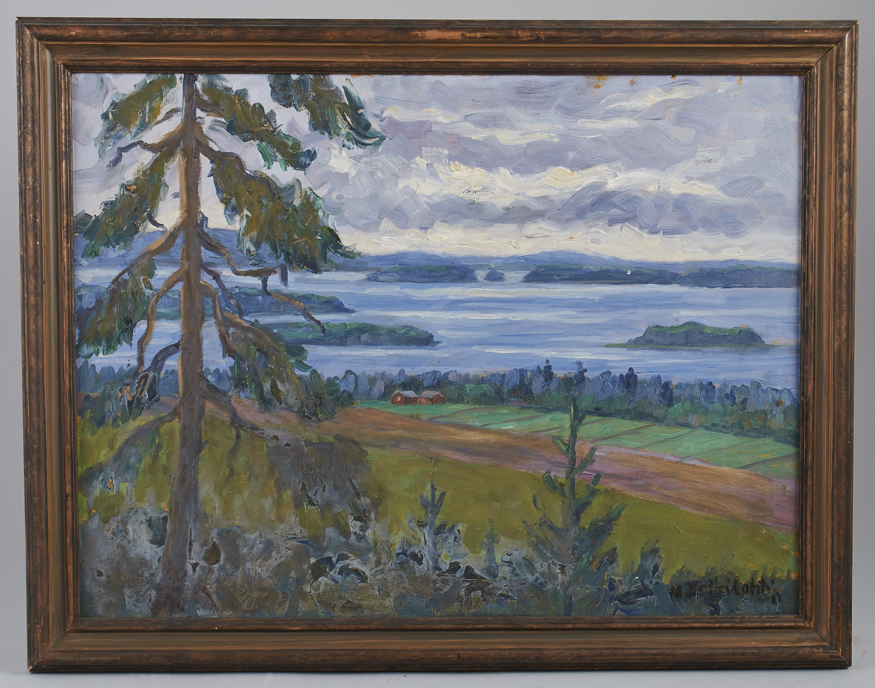 Oljemålning, Oidentifierad konstnär. Finland, Sjölandskap. Signerad ...