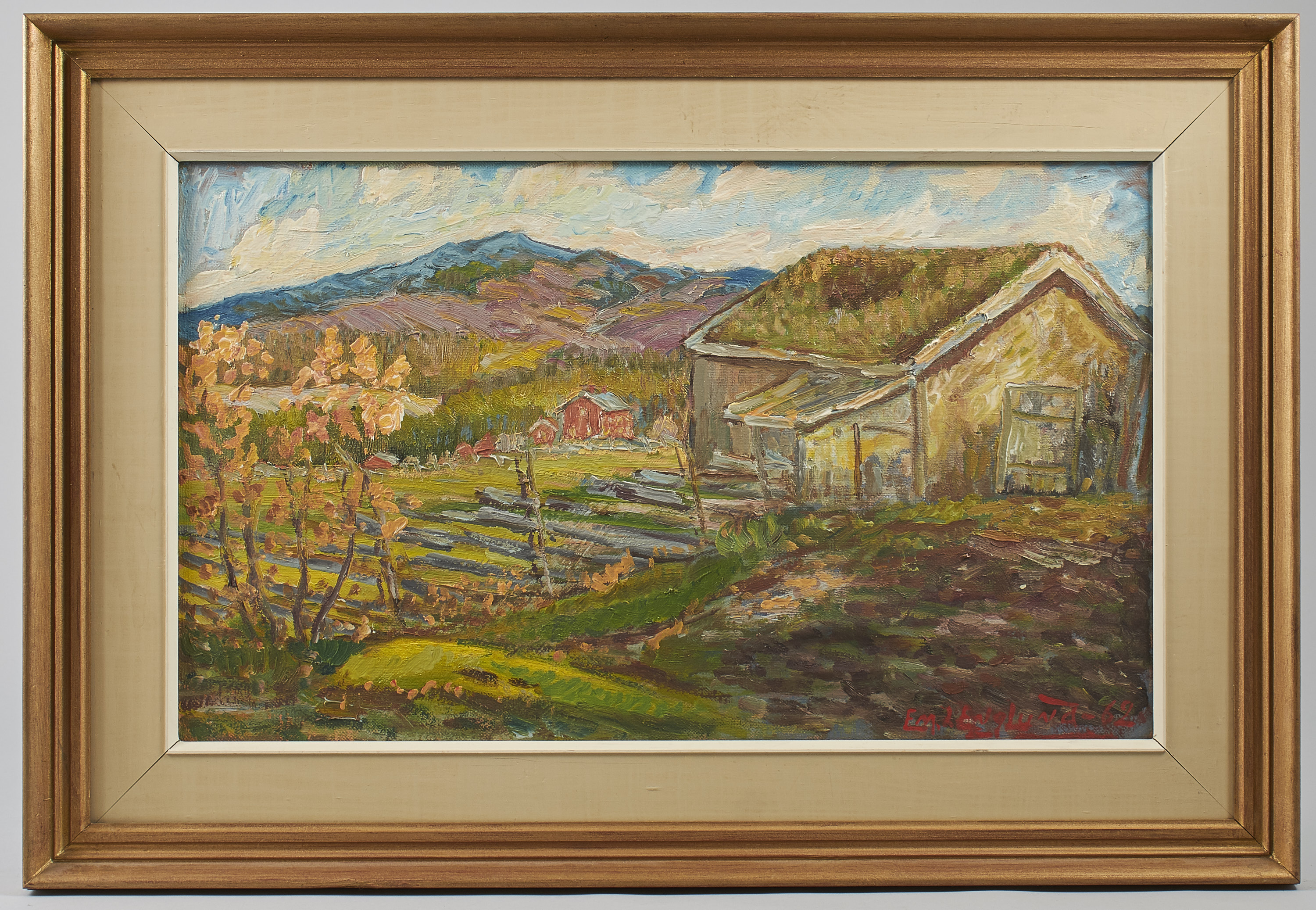 Oljemålning, Emil Englund, "Gammal ladugård", Norge. Landskap med hus ...