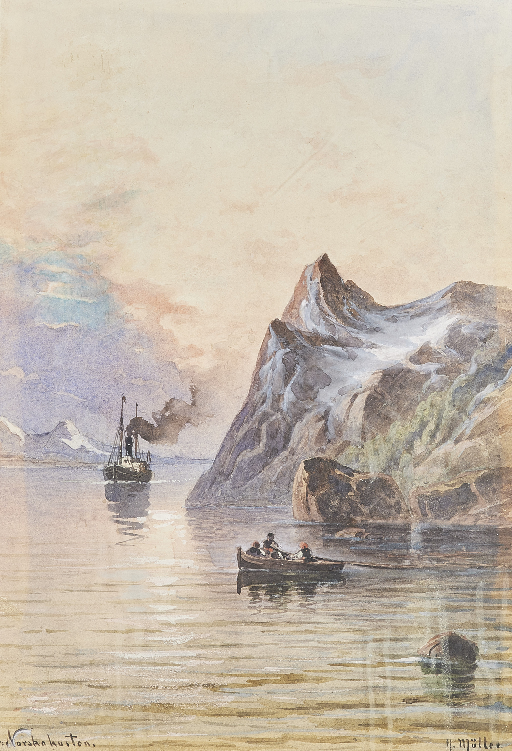Akvarell, Herman Müller (1840-1919), Sverige. Signerad, "Norska Kusten ...