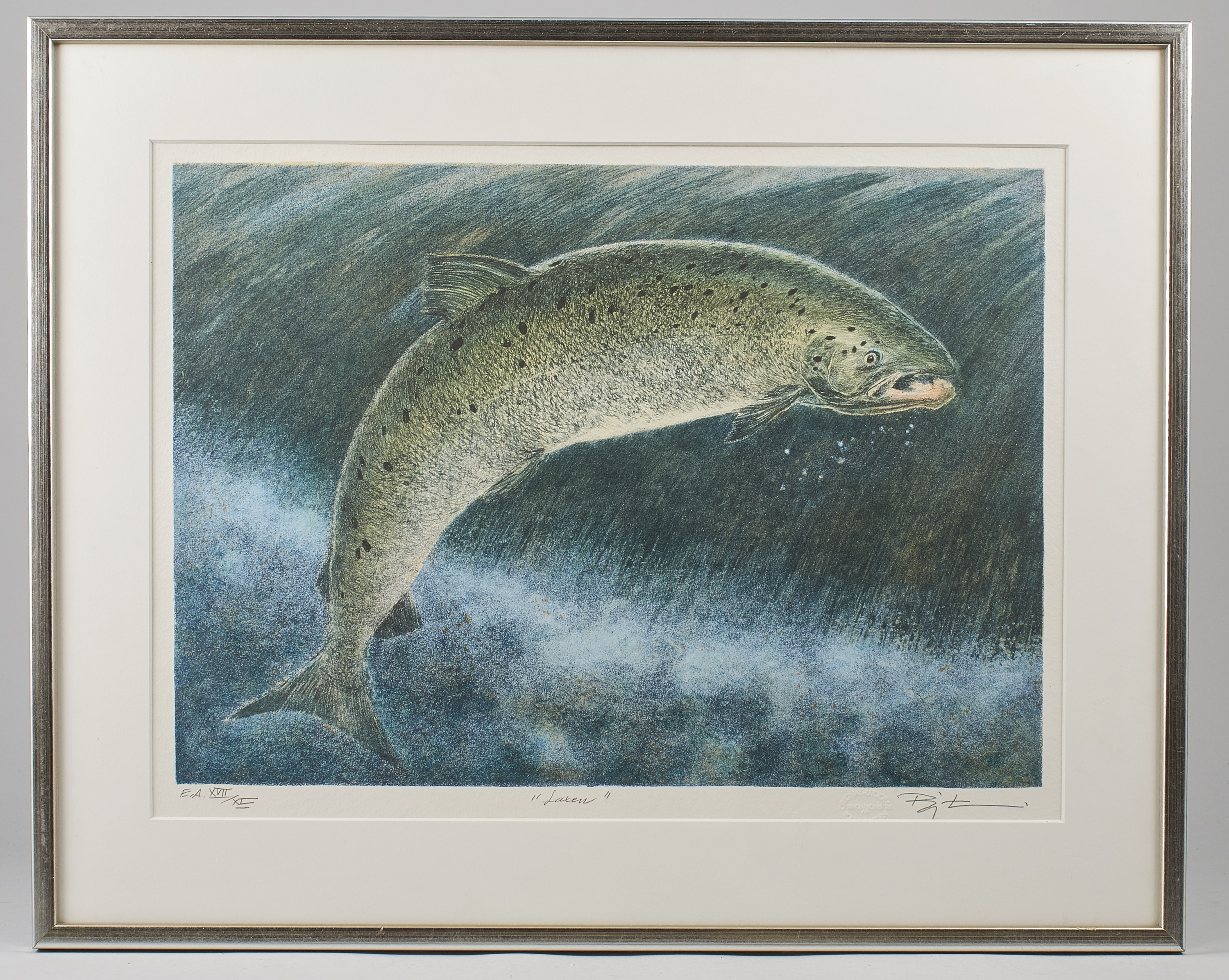 Färglitografi, Björn Lindroth (1931-1999), Sverige. 'Laxen', EA-upplaga ...