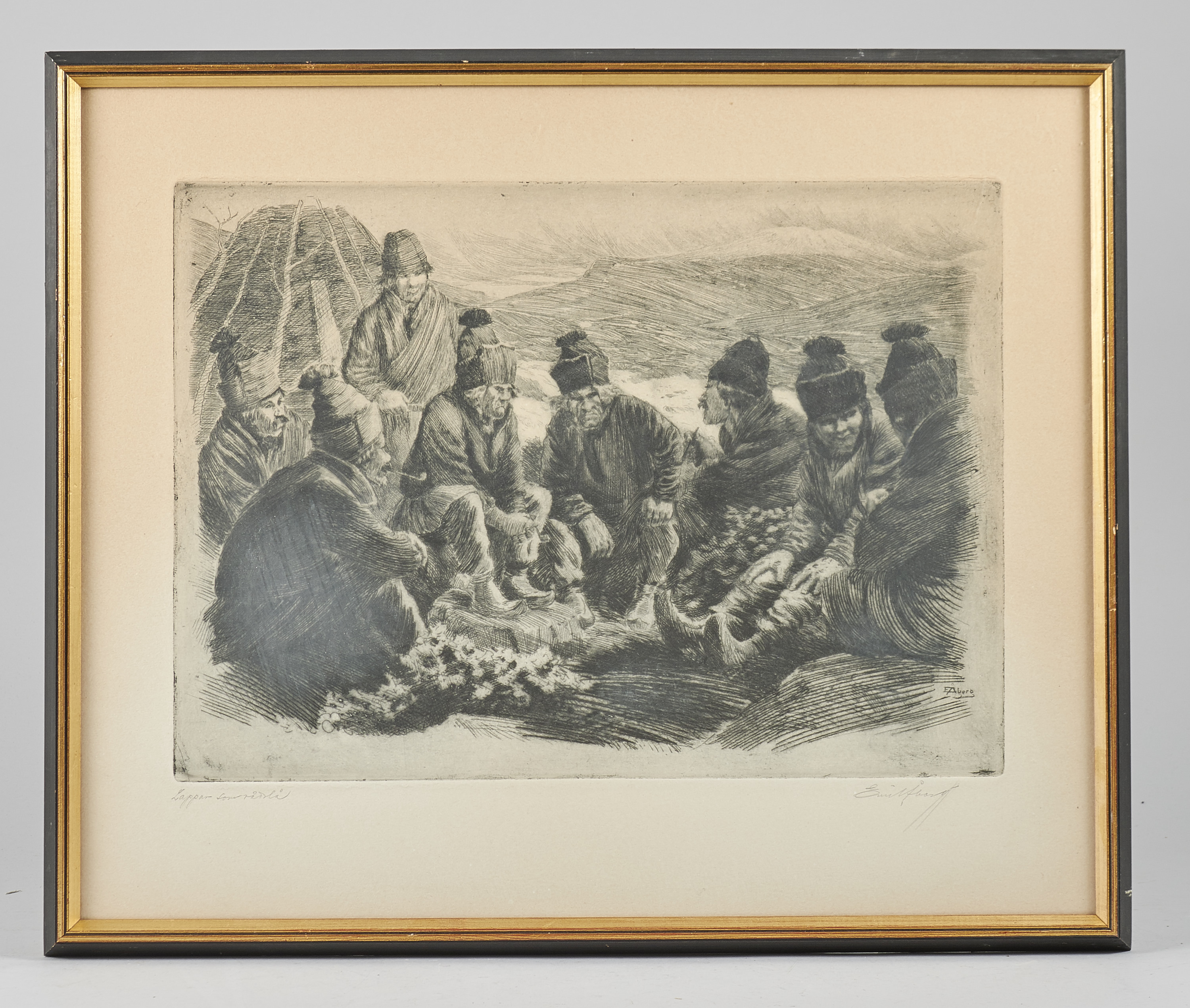 Etsning, Emil Åberg (1864-1940), "Lappar som rådslår", motivet: 32x44 ...