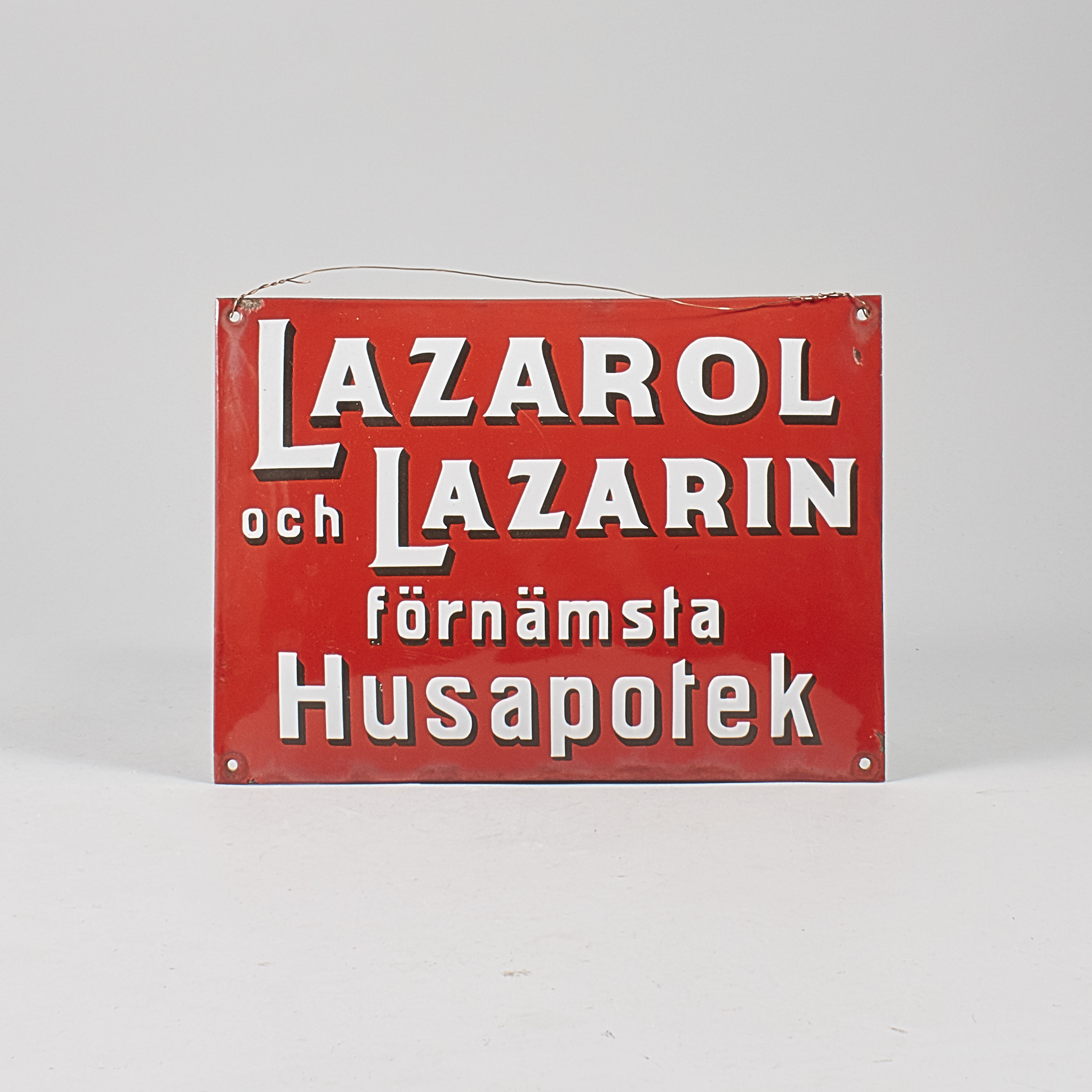 Emaljskylt, "Lazarol och Lazarin förnämsta Husapotek", 24x33. Metropol ...