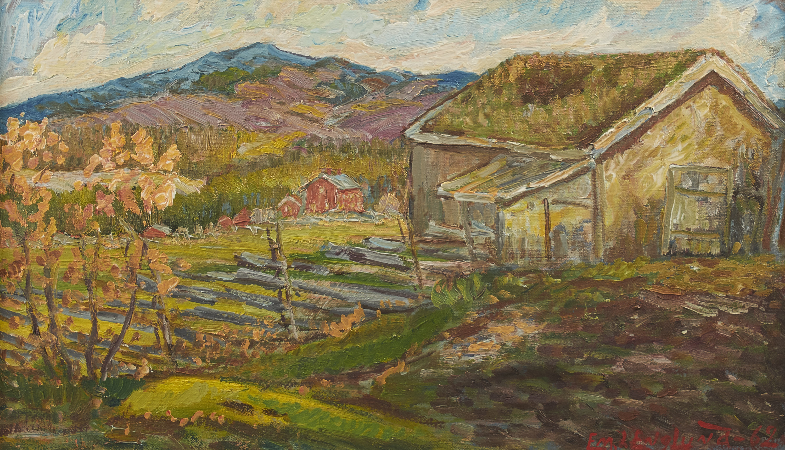 Oljemålning, Emil Englund, "Gammal ladugård", Norge. Landskap med hus ...